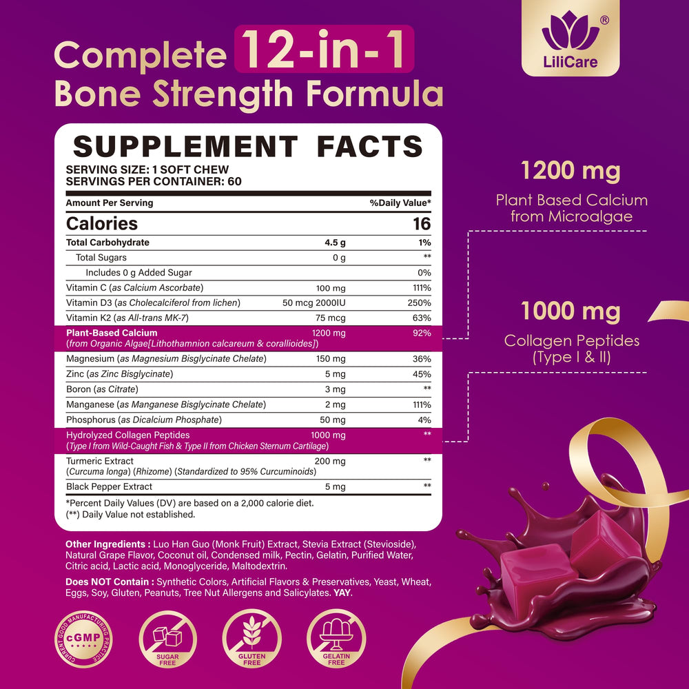 Algae Calcium Soft Chews 1200mg + Collagen | D3/K2 | Plant-Based Calci ...